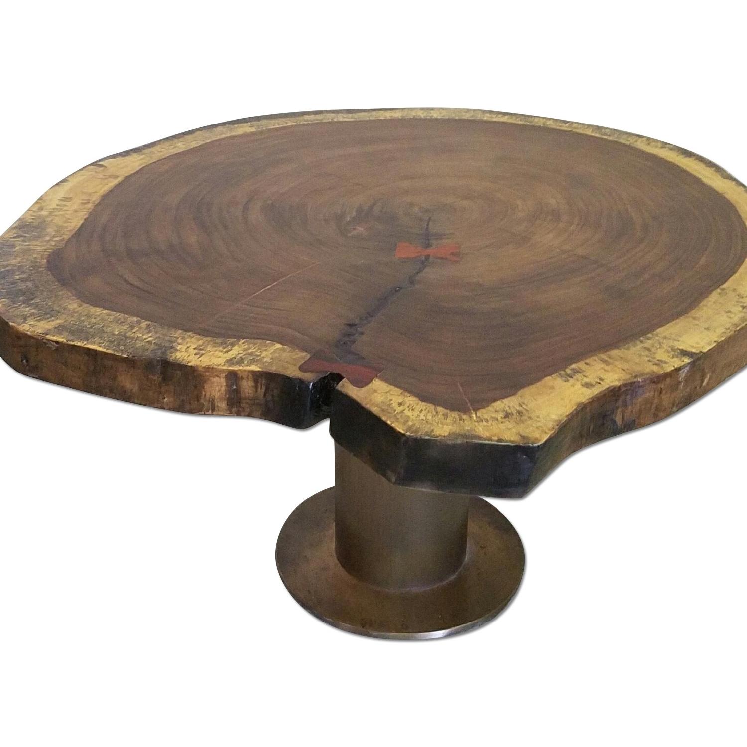 Monkey Pod Circular Live Edge Table Top w/ Copper/Brass Toned Pedestal ...