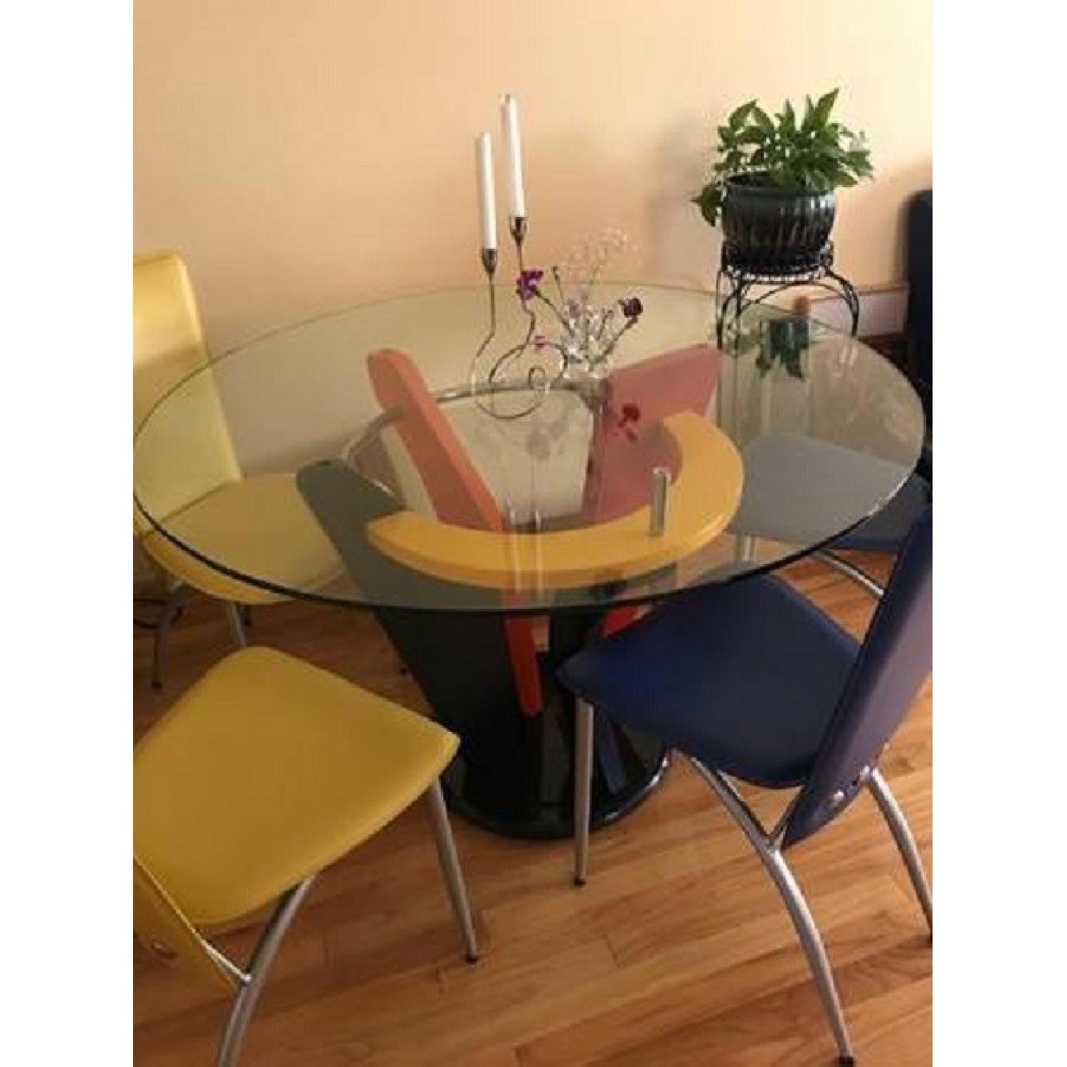 Round Glass Dining Table w/ 4 Leather Chairs - AptDeco