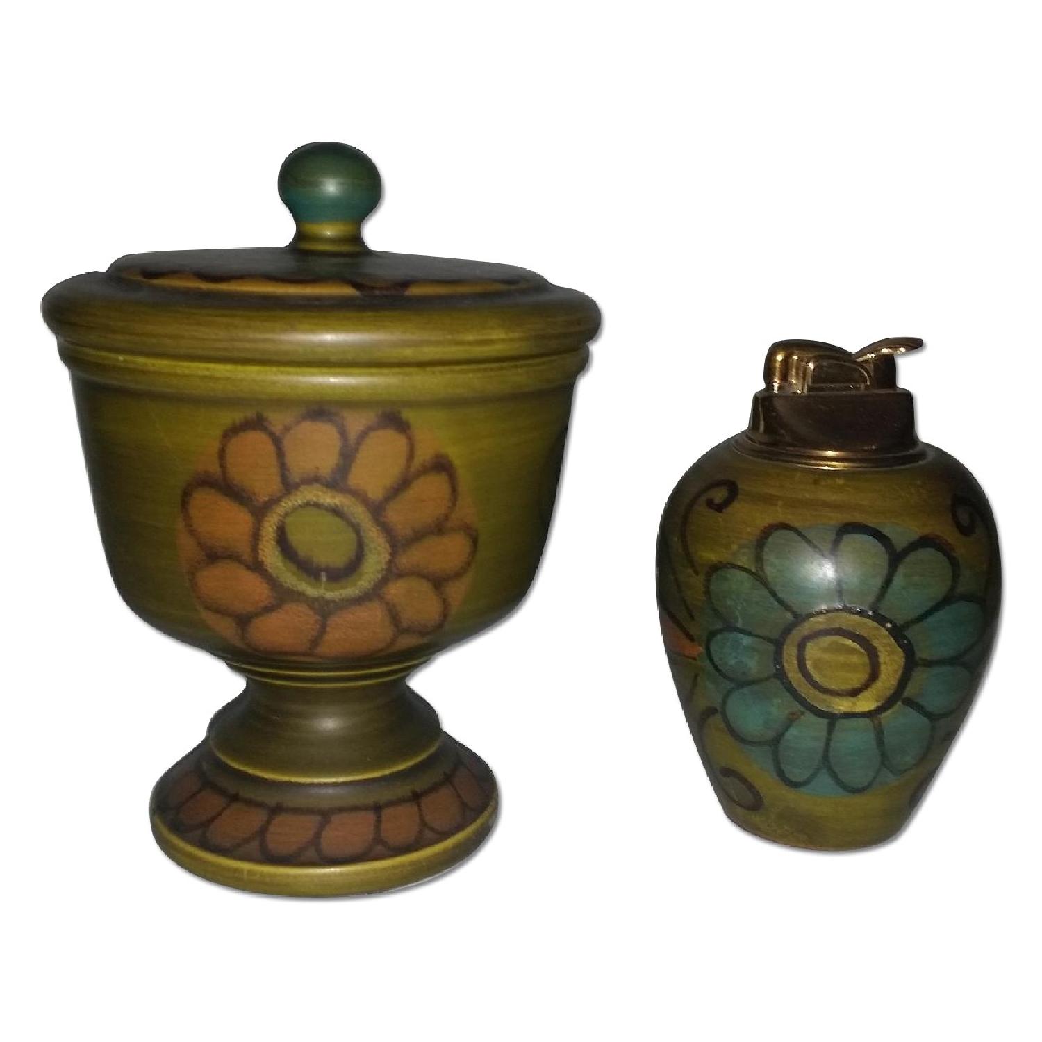 Hand Painted Covered Bowl & Lighter - AptDeco