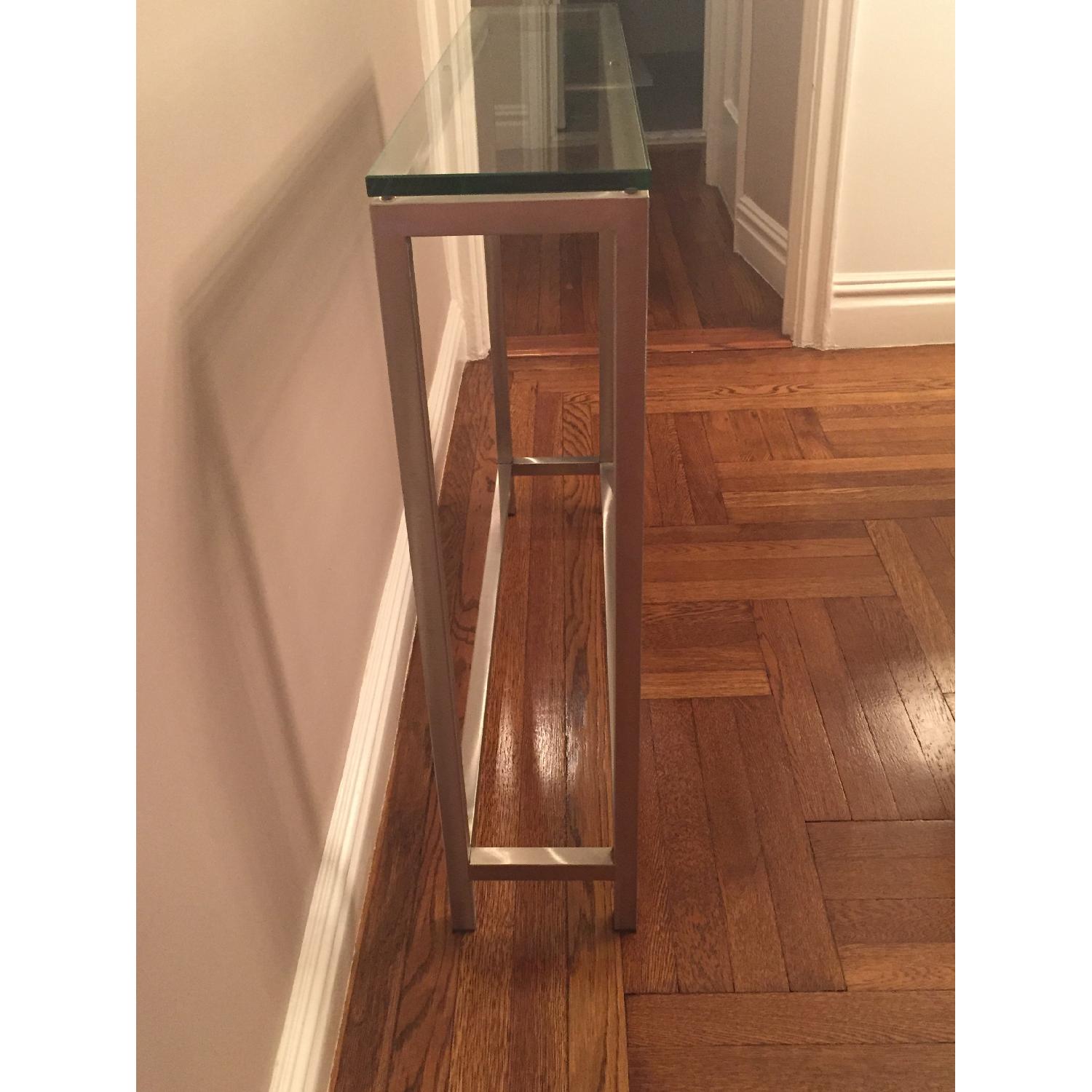 Crate & Barrel Era Tall Glass & Chrome Console Tables - AptDeco