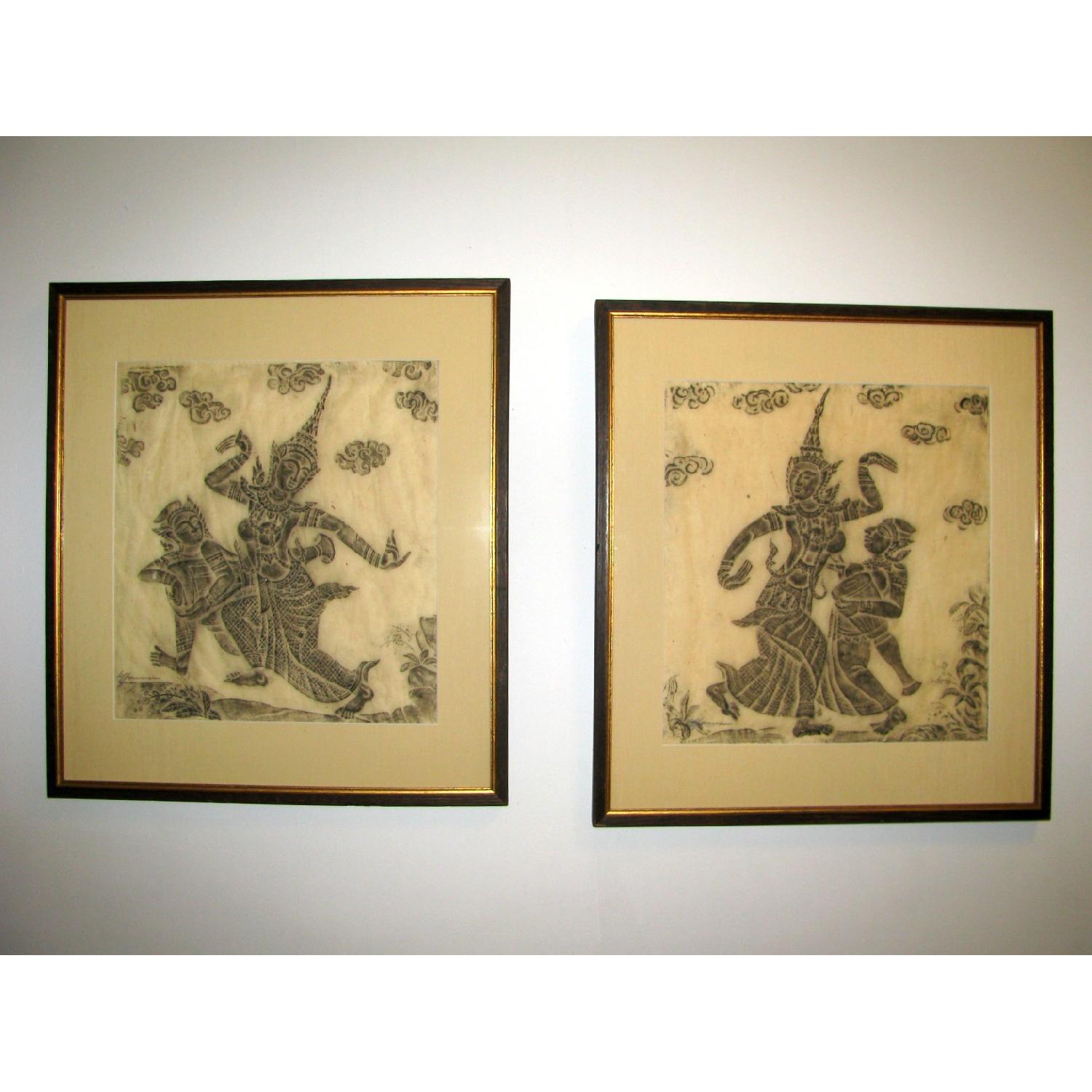 Two Framed Siamese Hindu Temple Rubbings on Vintage Rice Paper - AptDeco