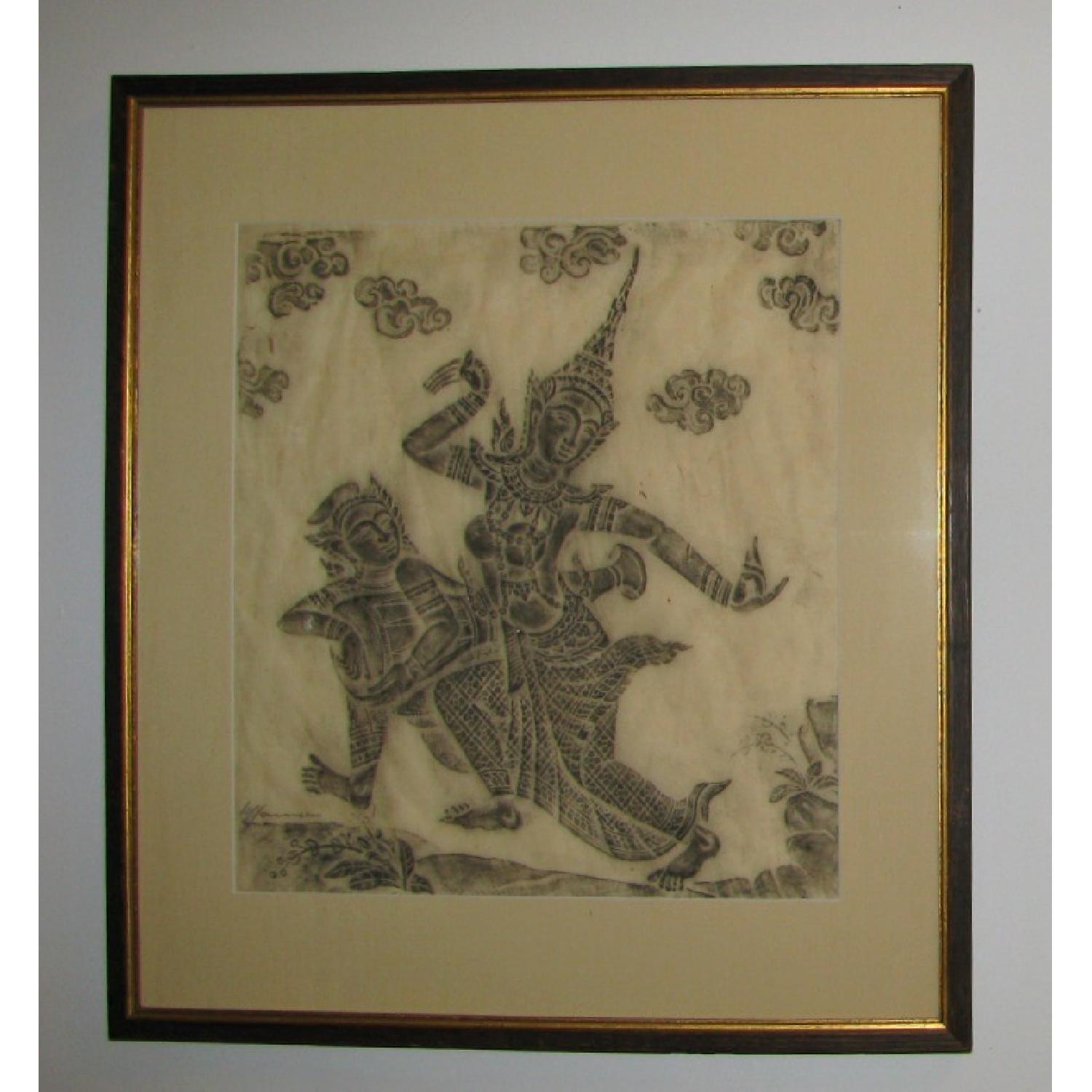 Two Framed Siamese Hindu Temple Rubbings on Vintage Rice Paper - AptDeco