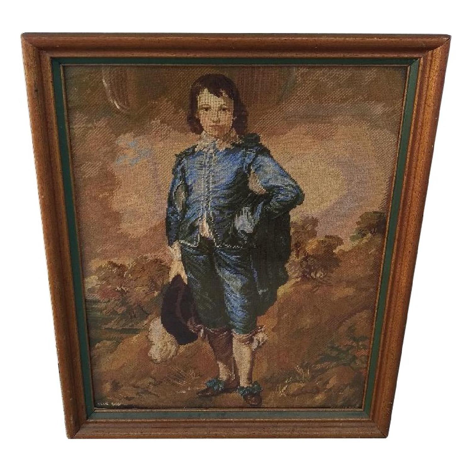 Vintage 1970s Blue Boy Needlepoint in Wood Frame - AptDeco