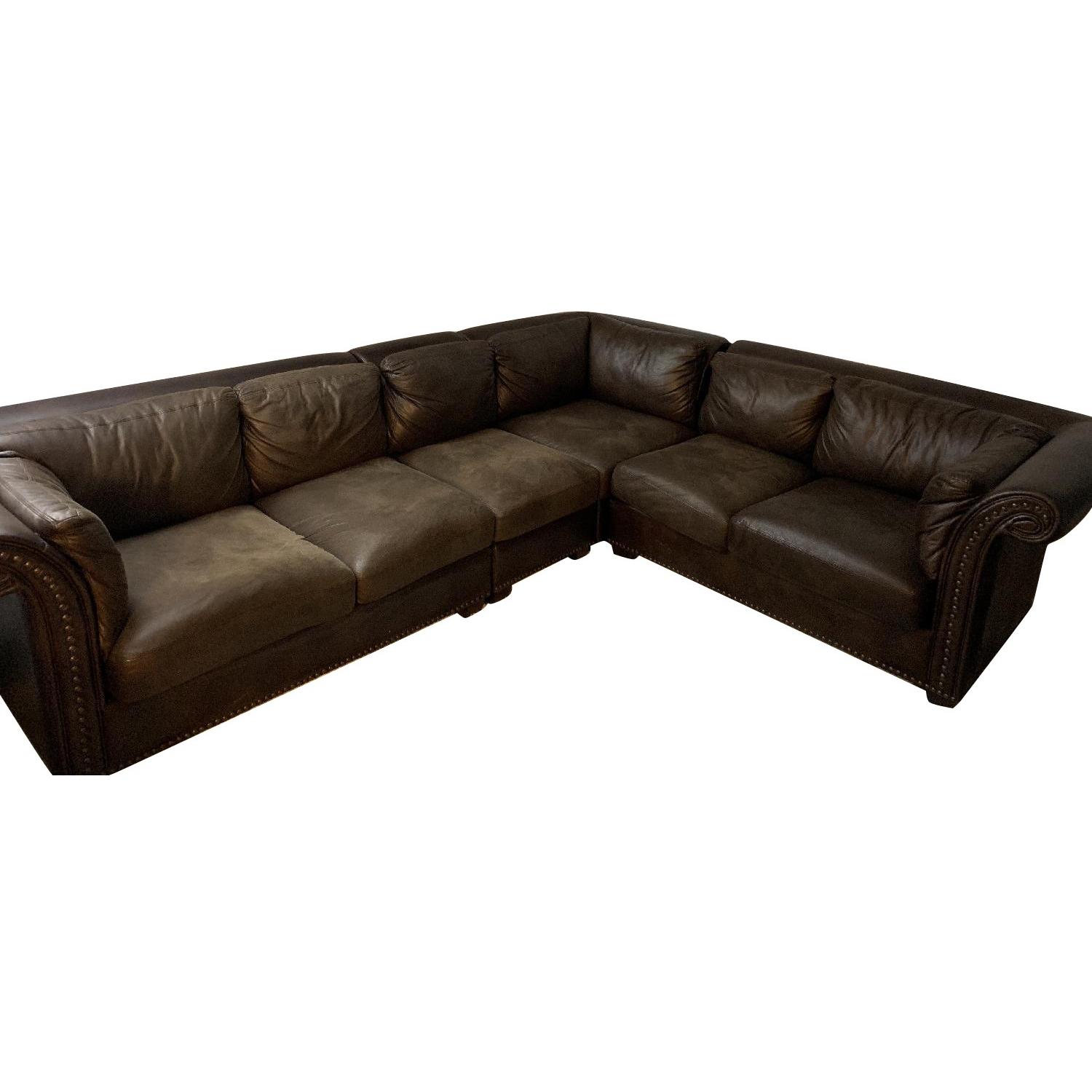 Bob's Chocolate Brown Faux Leather Sectional Sofa - AptDeco