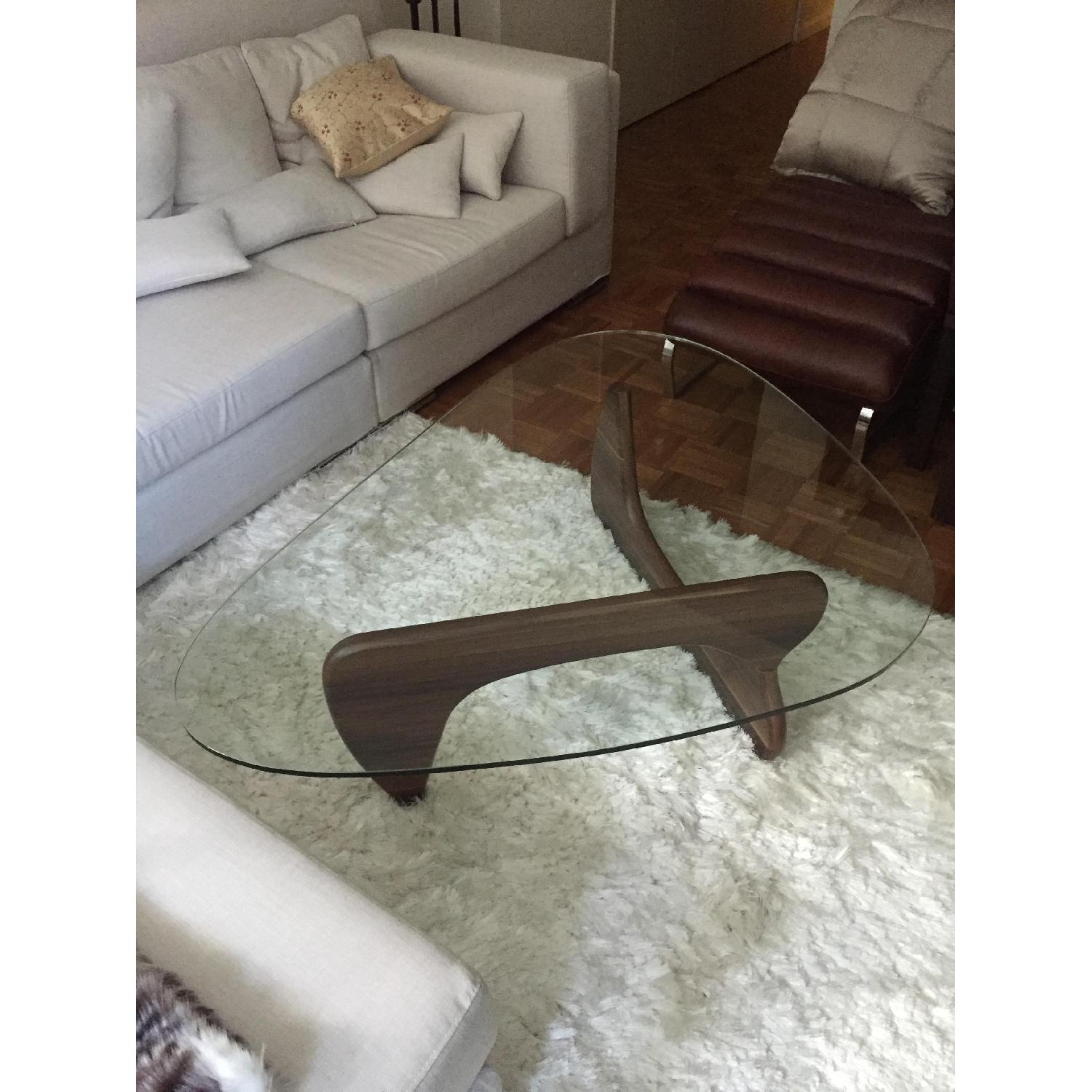 Modern Glass Coffee Table w/ Walnut Base - AptDeco