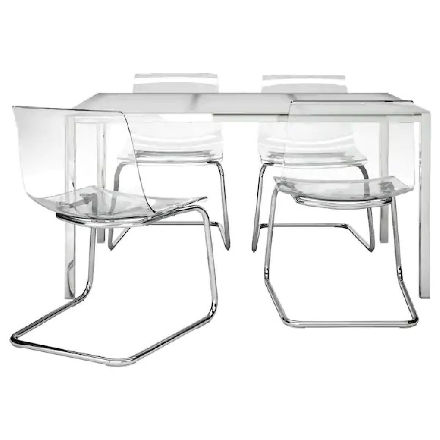 Ikea Torsby White Glass Table w/ 4 Tobias Clear Chairs - AptDeco