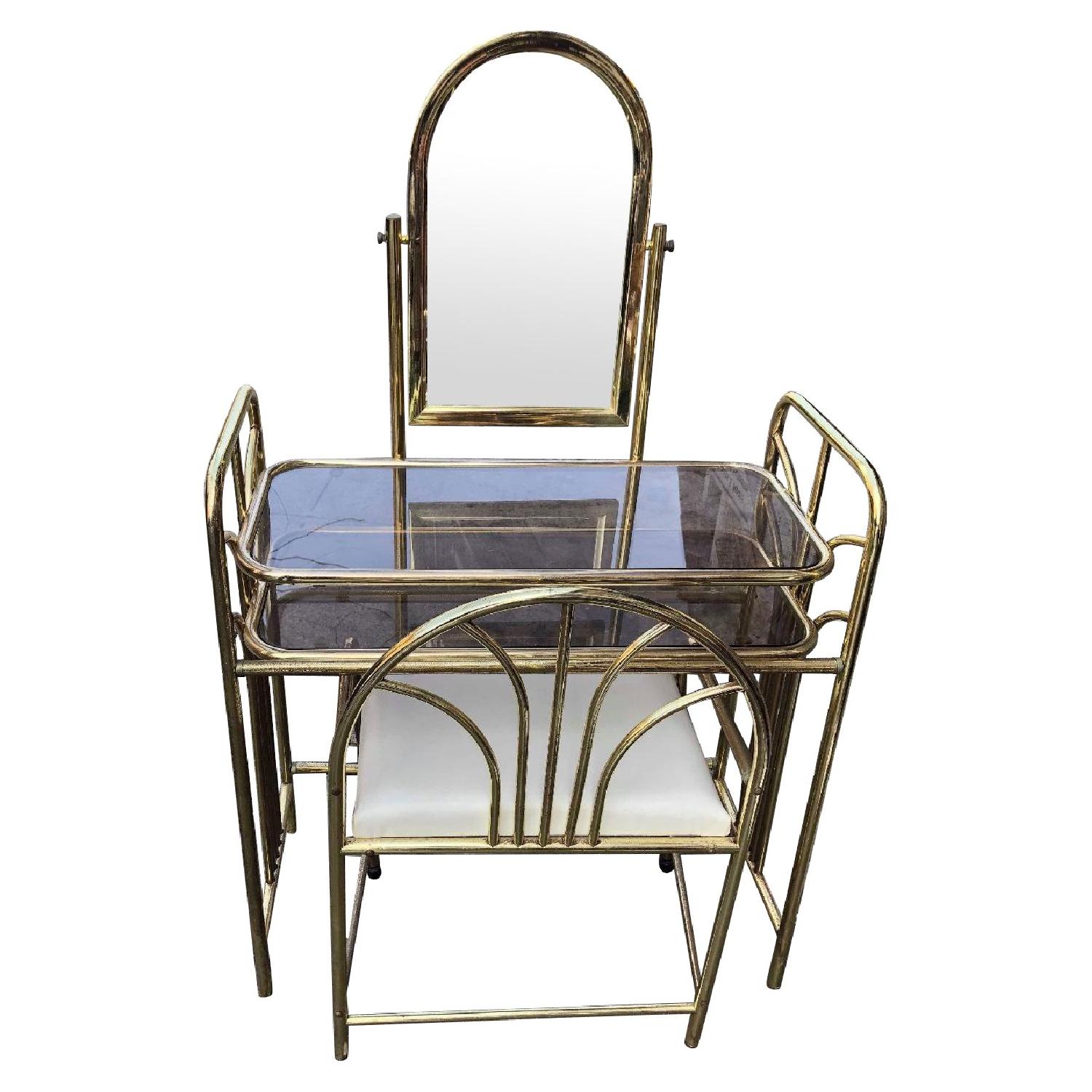 Vintage 1950s Vanity Glass Table w/ Mirror & Chair - AptDeco