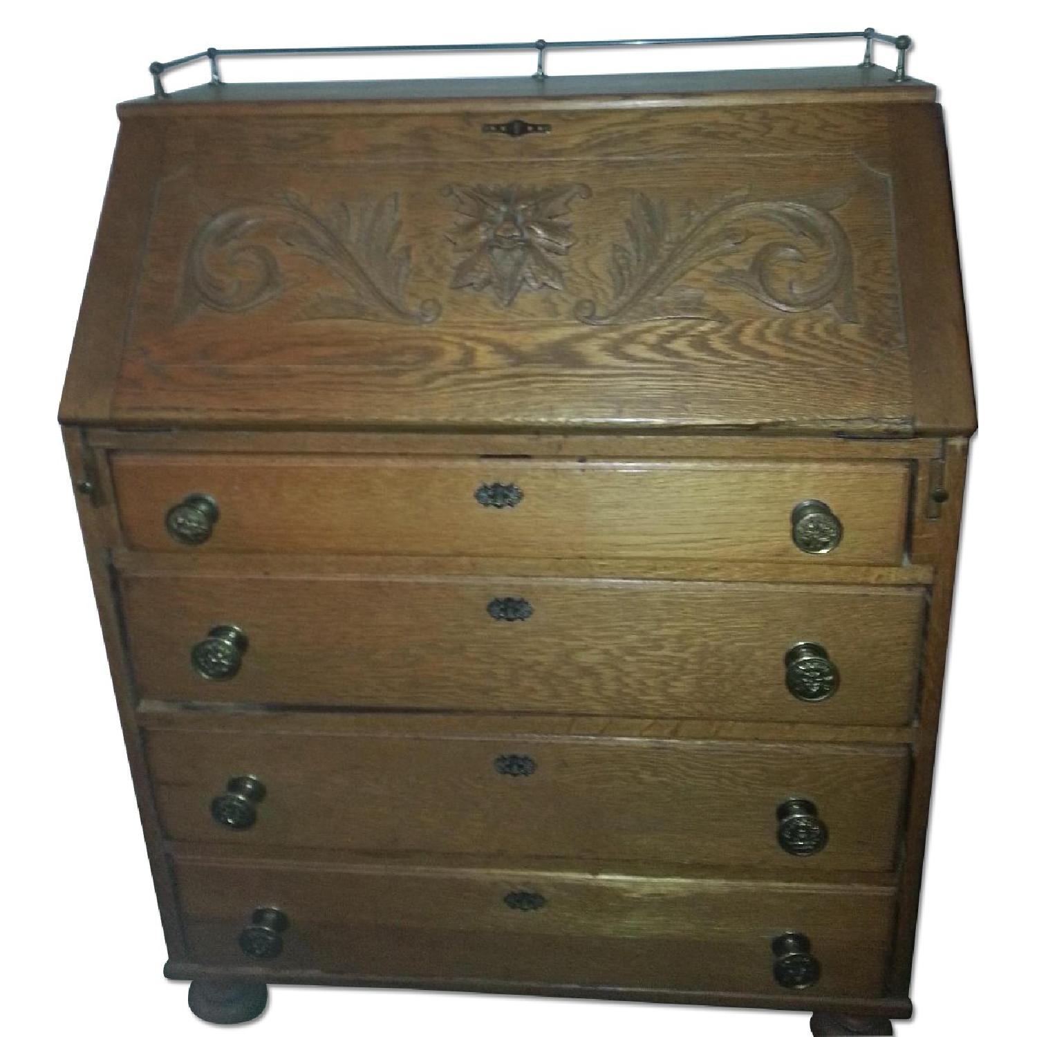 Oak Drop Front Writing Desk w/ 4 Drawers - AptDeco