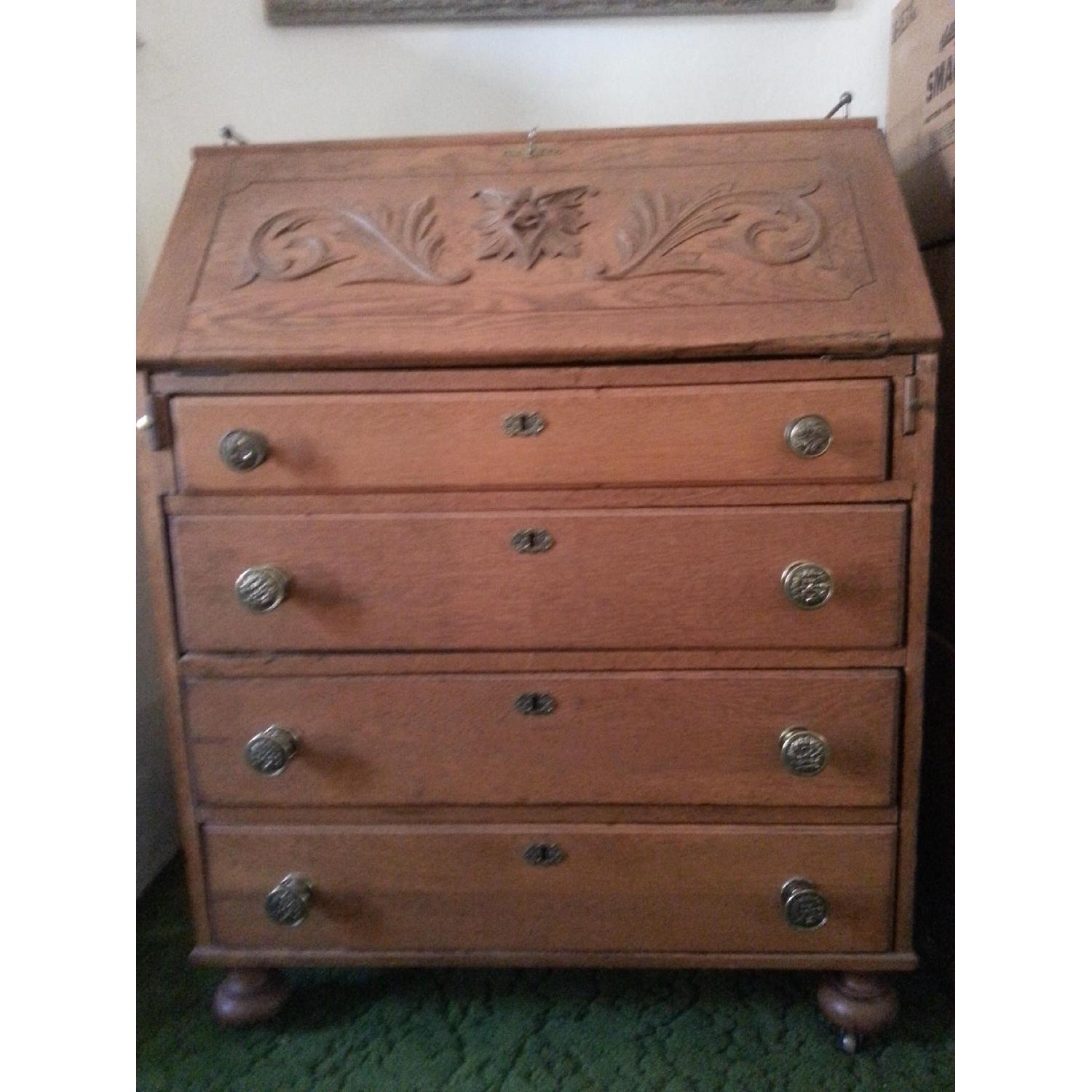 Oak Drop Front Writing Desk w/ 4 Drawers - AptDeco