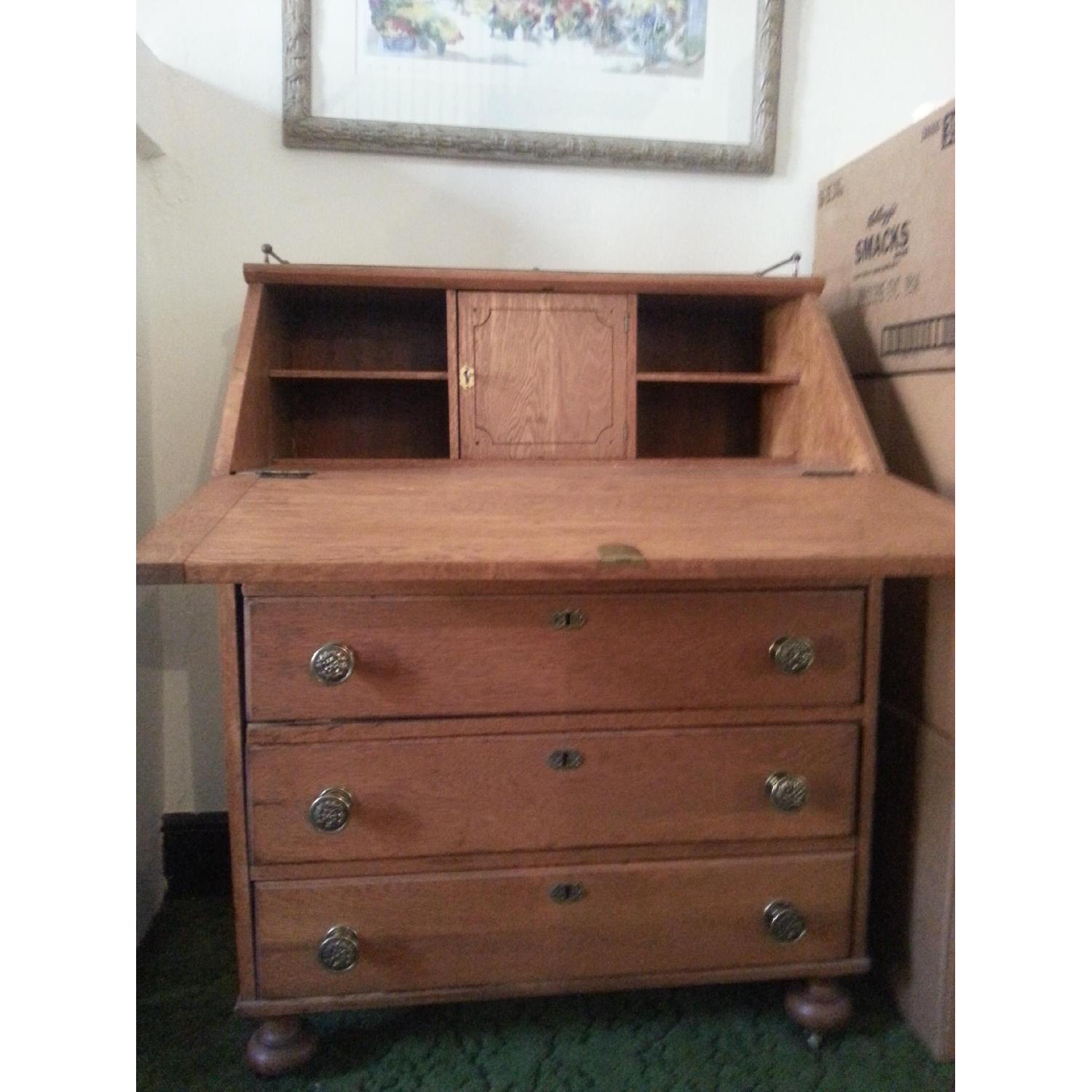 Oak Drop Front Writing Desk w/ 4 Drawers - AptDeco
