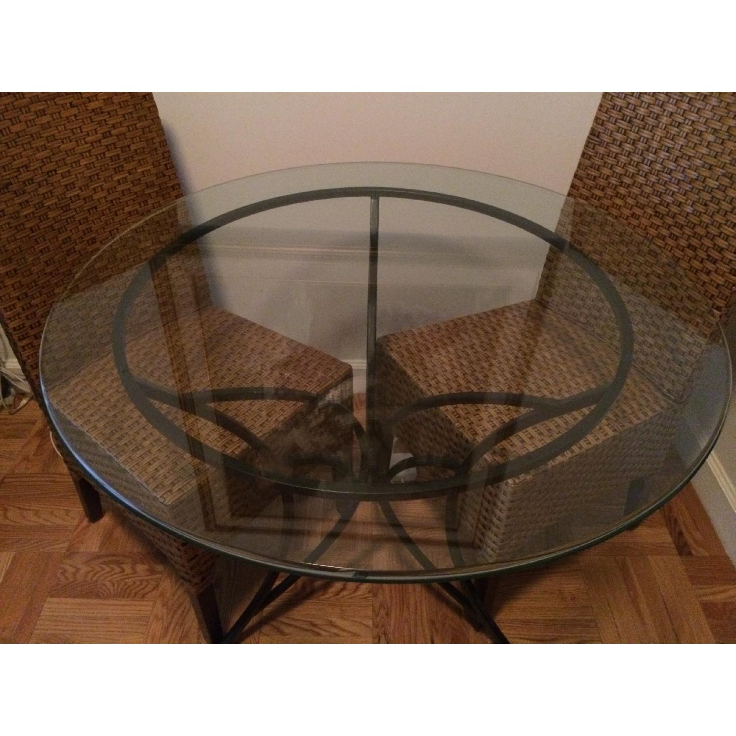 Pier 1 Wrought Iron Table with Circular Glass Top and 3 Wicker Chairs ...