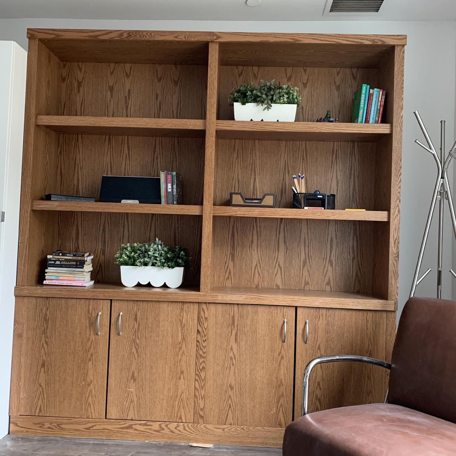 Custom Oak Bookcase w/ Bottom Doors - AptDeco