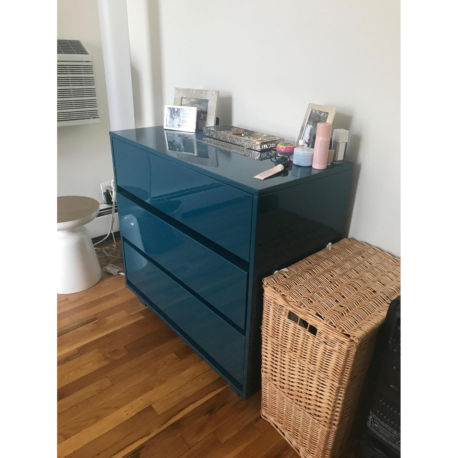 CB2 Blue Hi-Gloss Blue Lacquer Chest w/ 3 Drawers - AptDeco