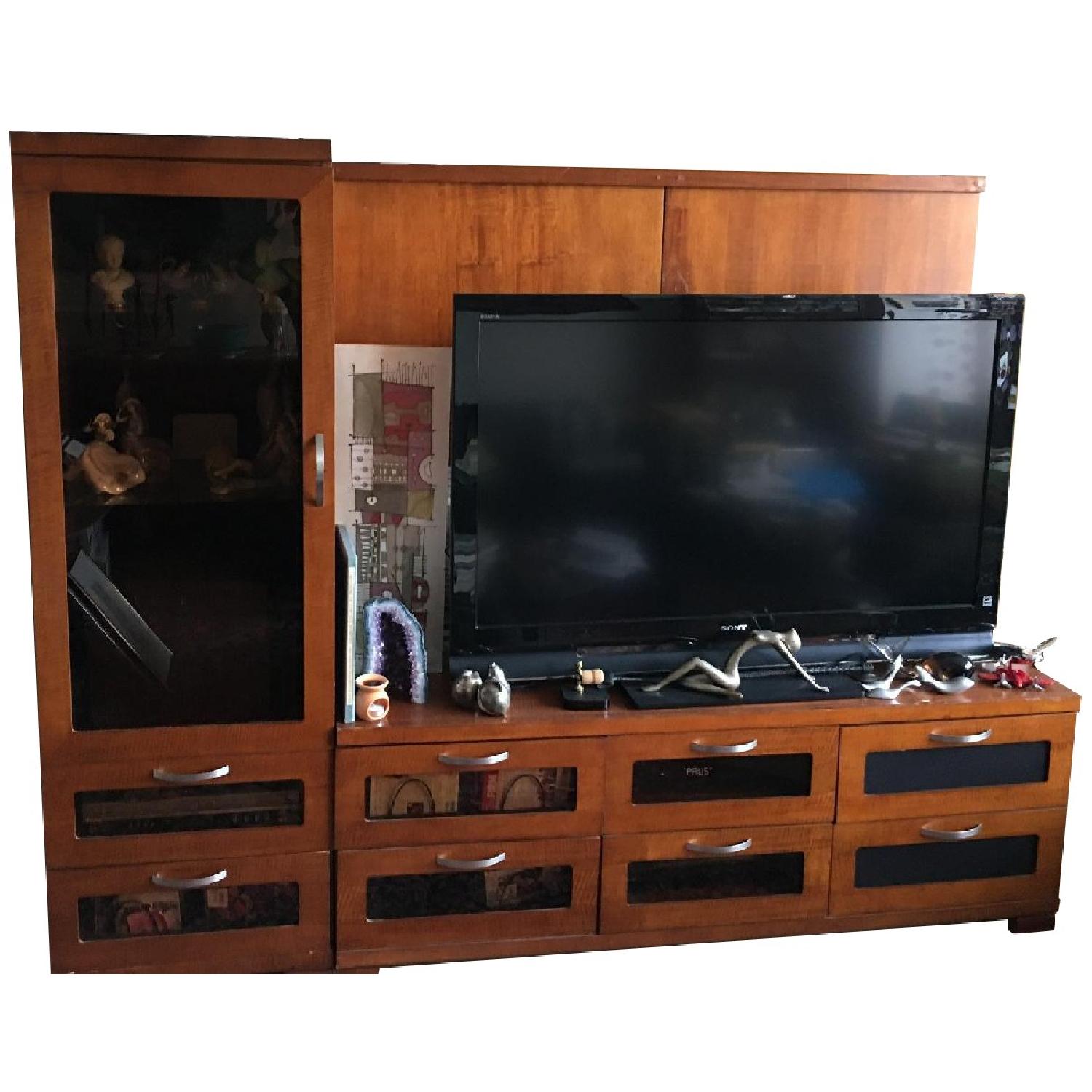Warm Wood Entertainment Center w/ Lighted Display - AptDeco