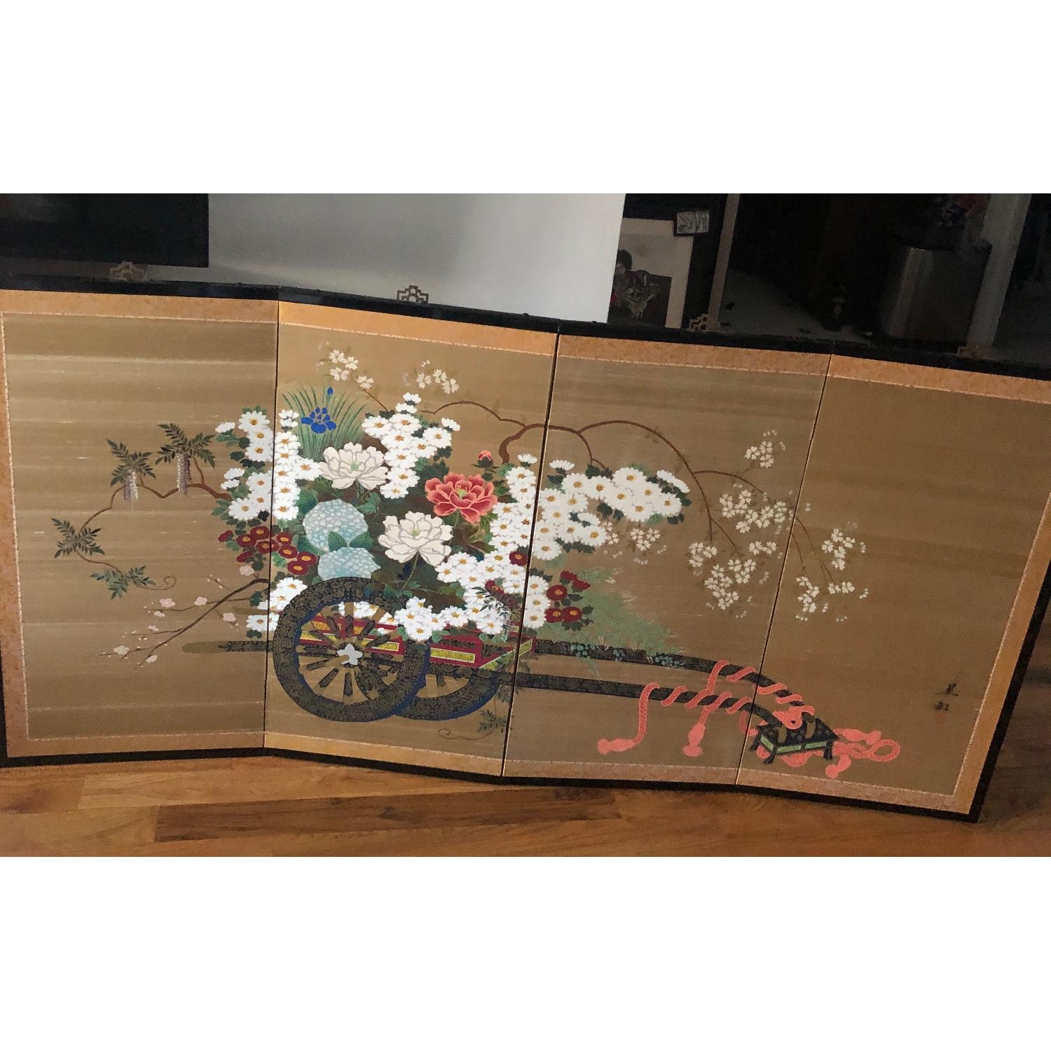 Vintage Japanese Flower Cart Folding Screen - AptDeco