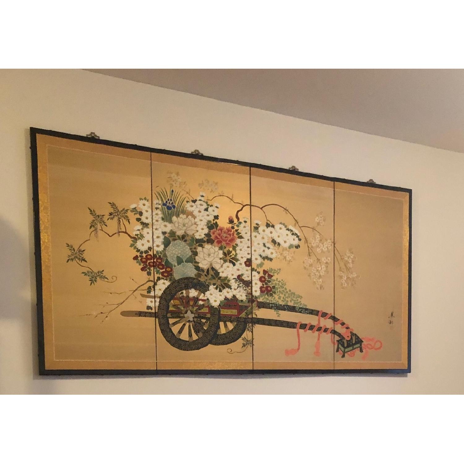 Vintage Japanese Flower Cart Folding Screen - AptDeco