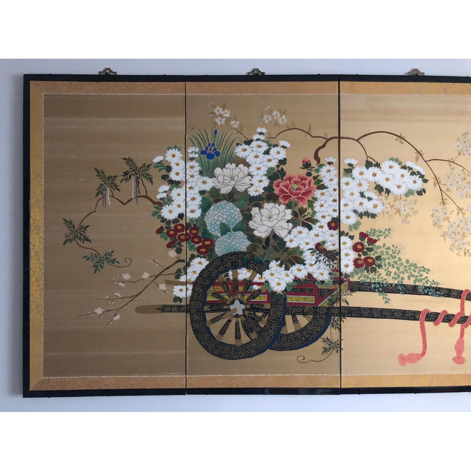 Vintage Japanese Flower Cart Folding Screen - AptDeco