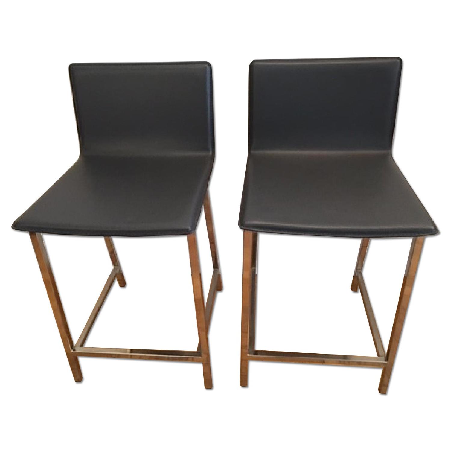 CB2 Charcoal Carbon Grey Leather Bar Stools w/ Backs - AptDeco