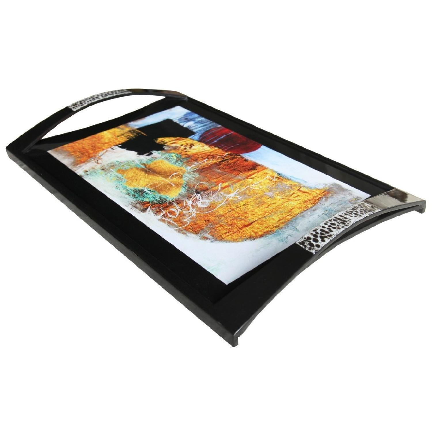 Chromatic Abstract Large Lacquer Tray w/ Eggshell inlay Handles - AptDeco