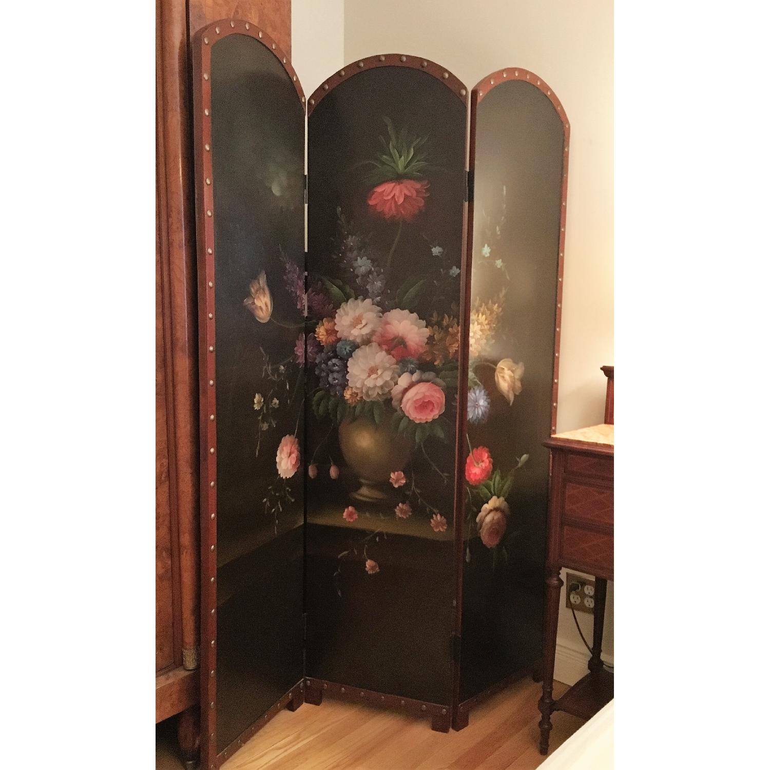 Hand-Painted Floral Decor/Black Background Tri-Fold Screen/Room Divider ...