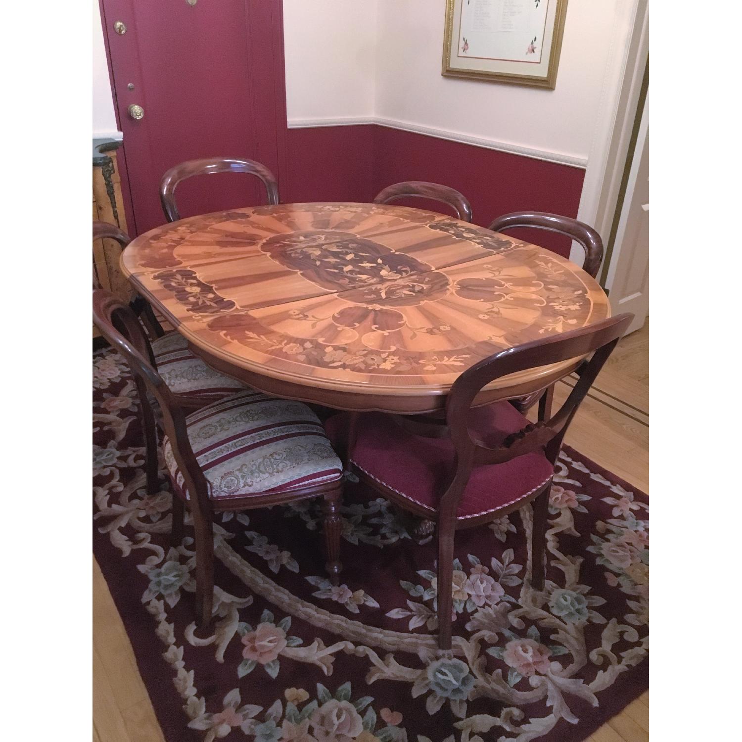 Vintage Belgian Marquetry Dining Table w/ 6 Reproduction Chairs - AptDeco