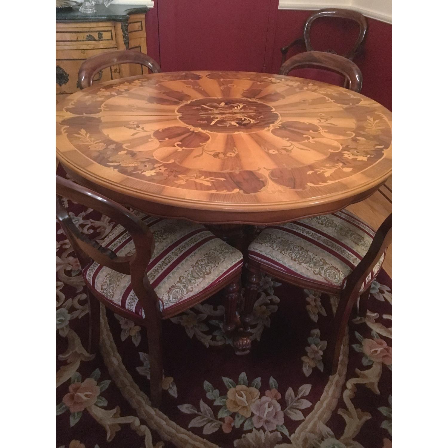 Vintage Belgian Marquetry Dining Table w/ 6 Reproduction Chairs - AptDeco