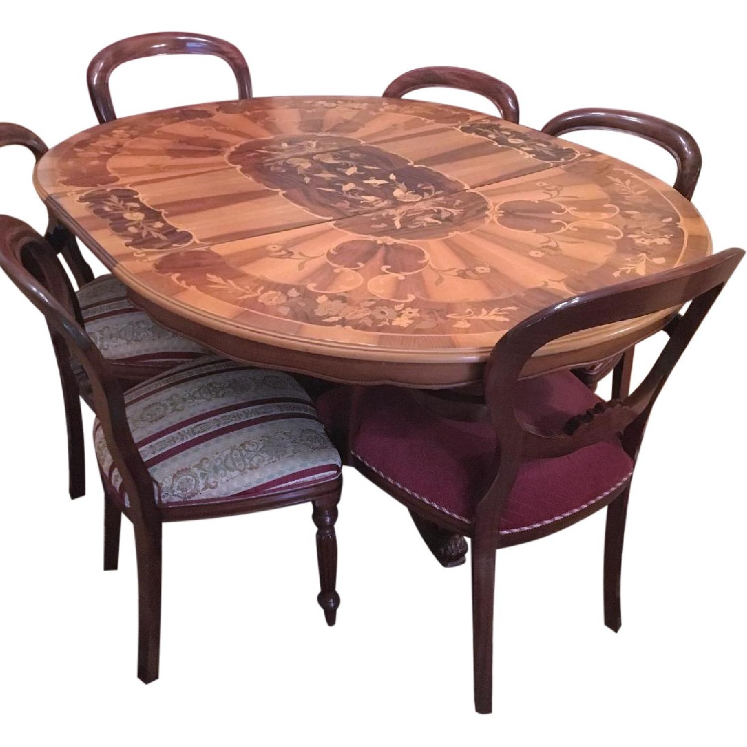 Vintage Belgian Marquetry Dining Table w/ 6 Reproduction Chairs - AptDeco
