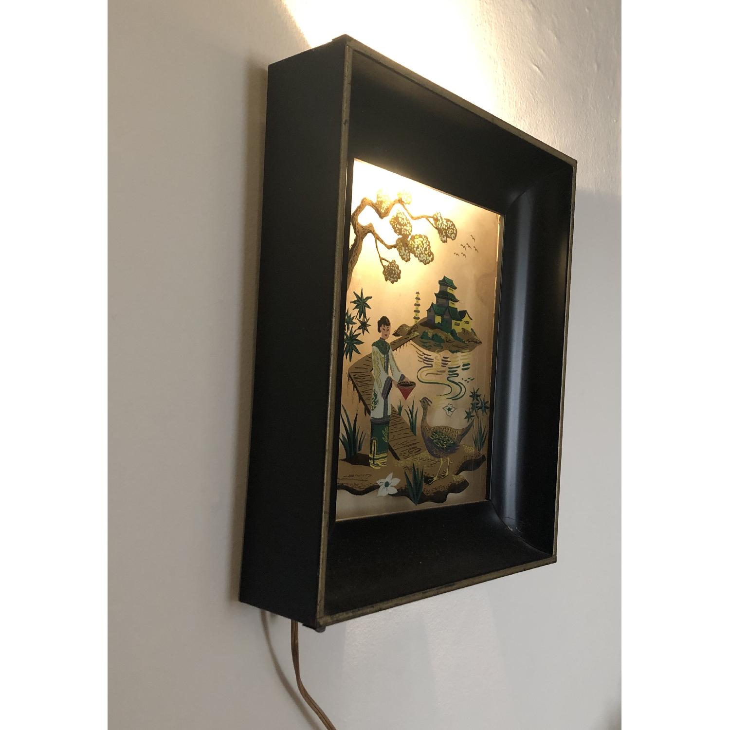 Vintage Lighted Shadowbox Wall Lamp w/ Painted Glass Art - AptDeco