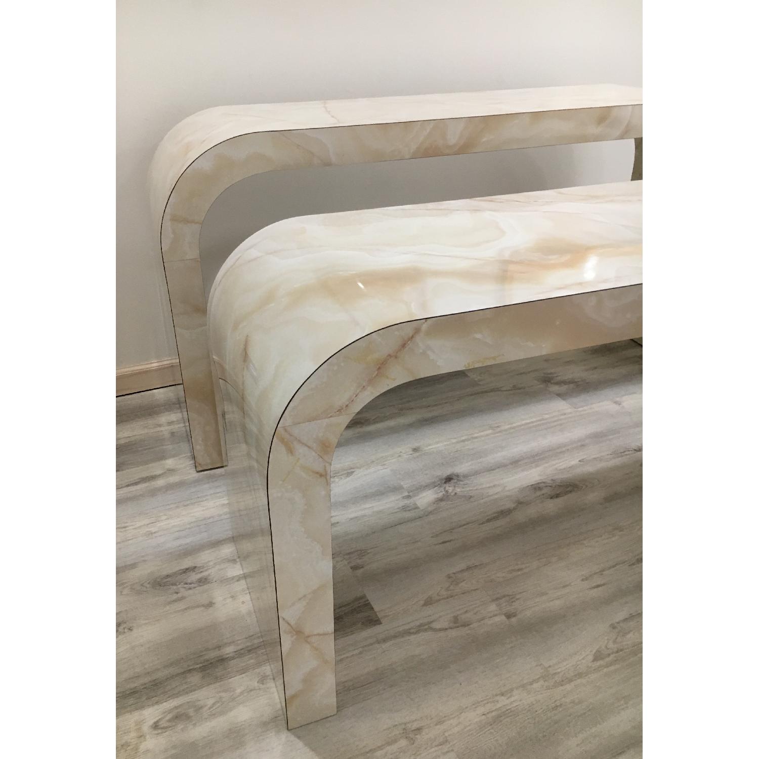 Mid Century Marble Pattern Formica Waterfall Console Tables - AptDeco
