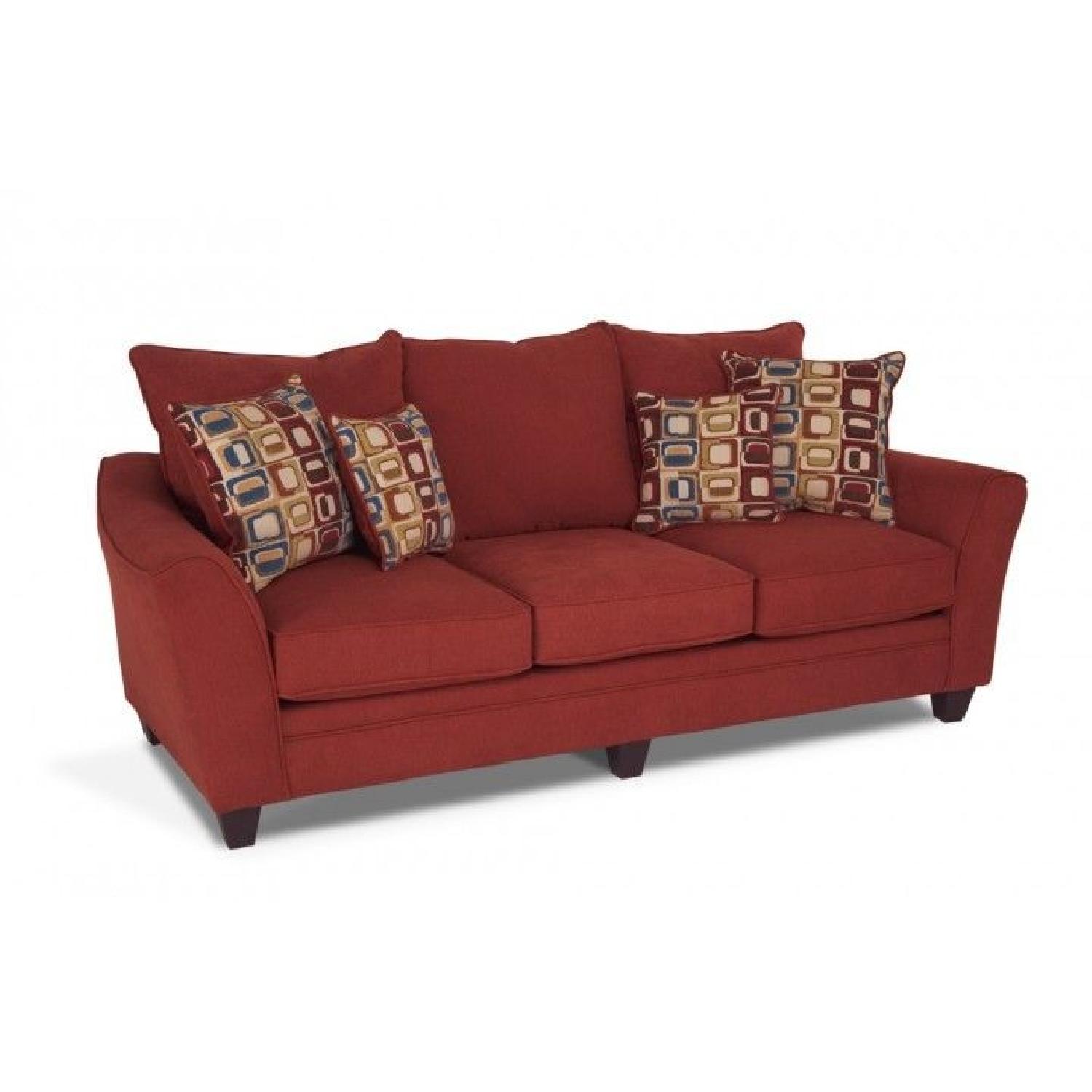 Bob's Red Fabric Sofa w/ Pillows - AptDeco