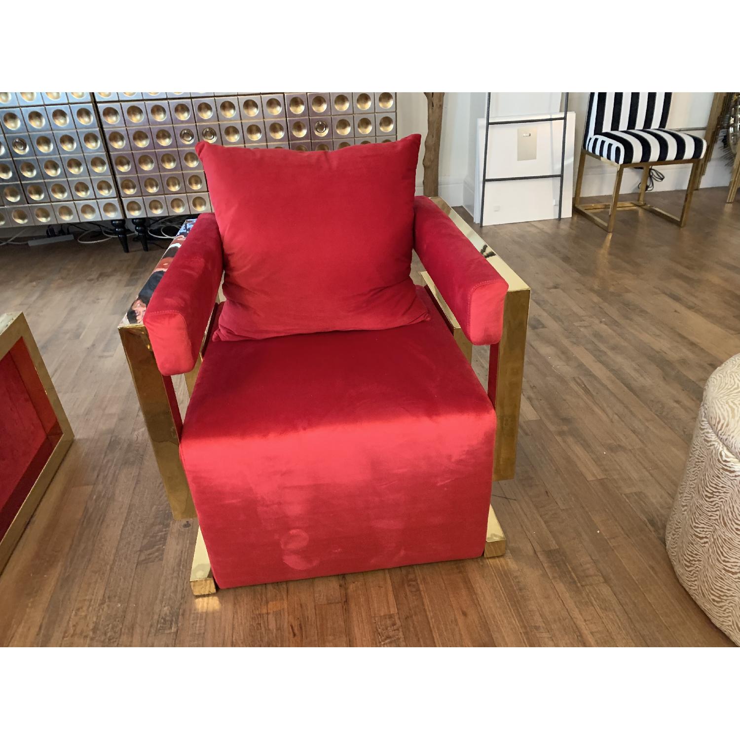 Custom Red Velvet & Chrome Arm Chairs - AptDeco