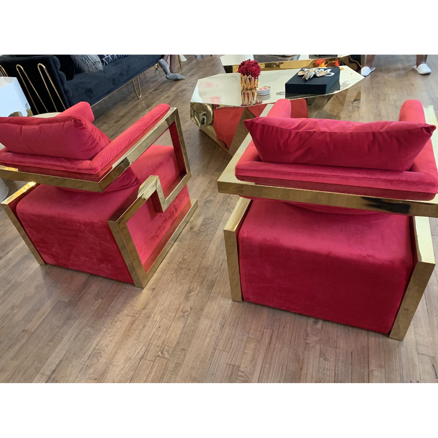 Custom Red Velvet & Chrome Arm Chairs - AptDeco