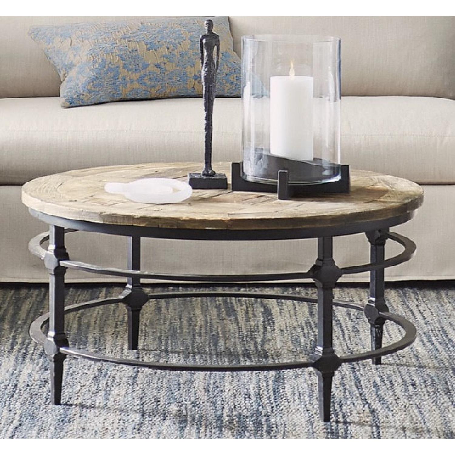 Pottery Barn Parquet Reclaimed Wood Round Coffee Table - AptDeco