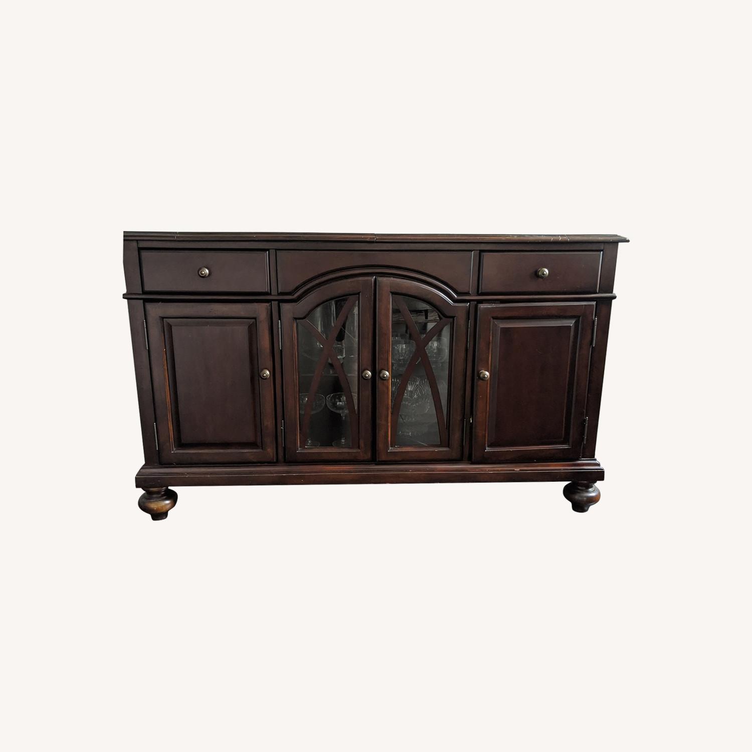 Macy's Dark Wood & Glass Credenza w/ Extendable Table Top - AptDeco