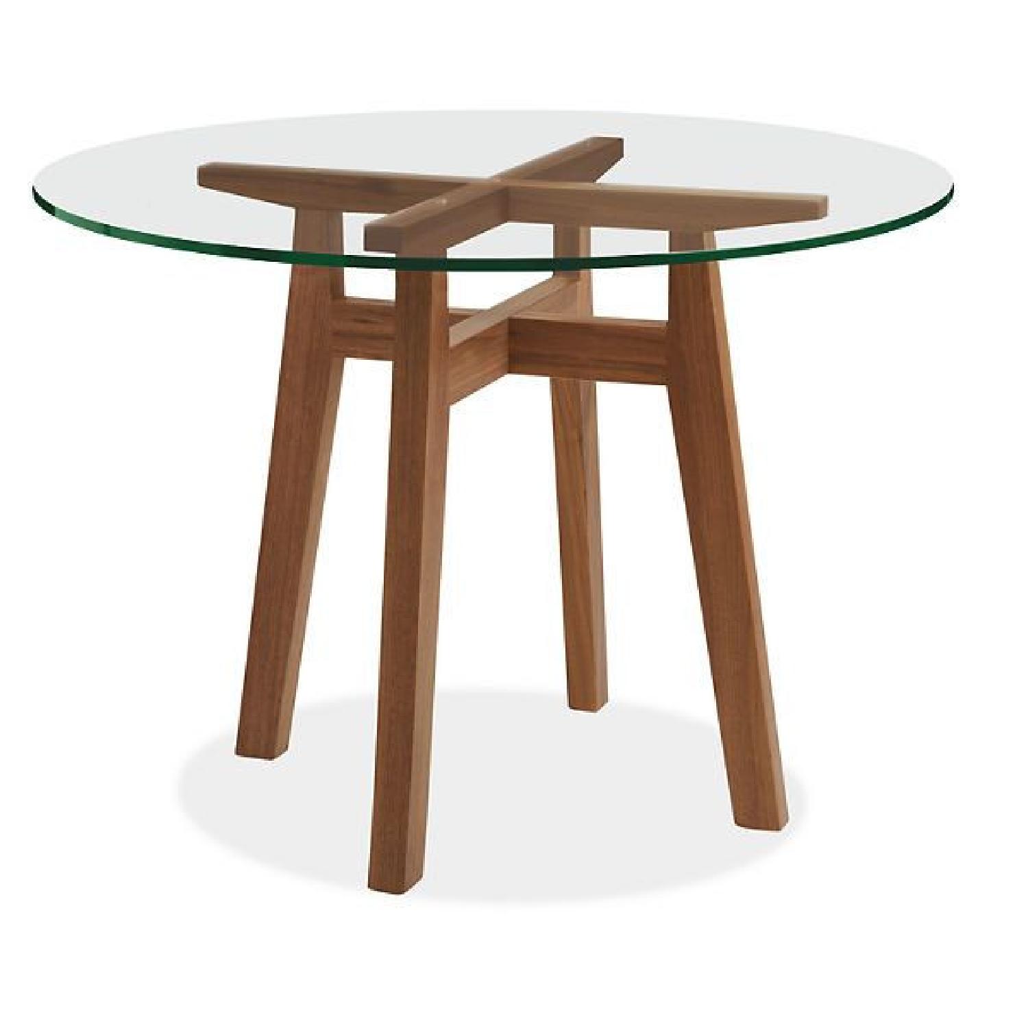 Room & Board Round Glass Dining Table w/ 4 Leather Chairs - AptDeco