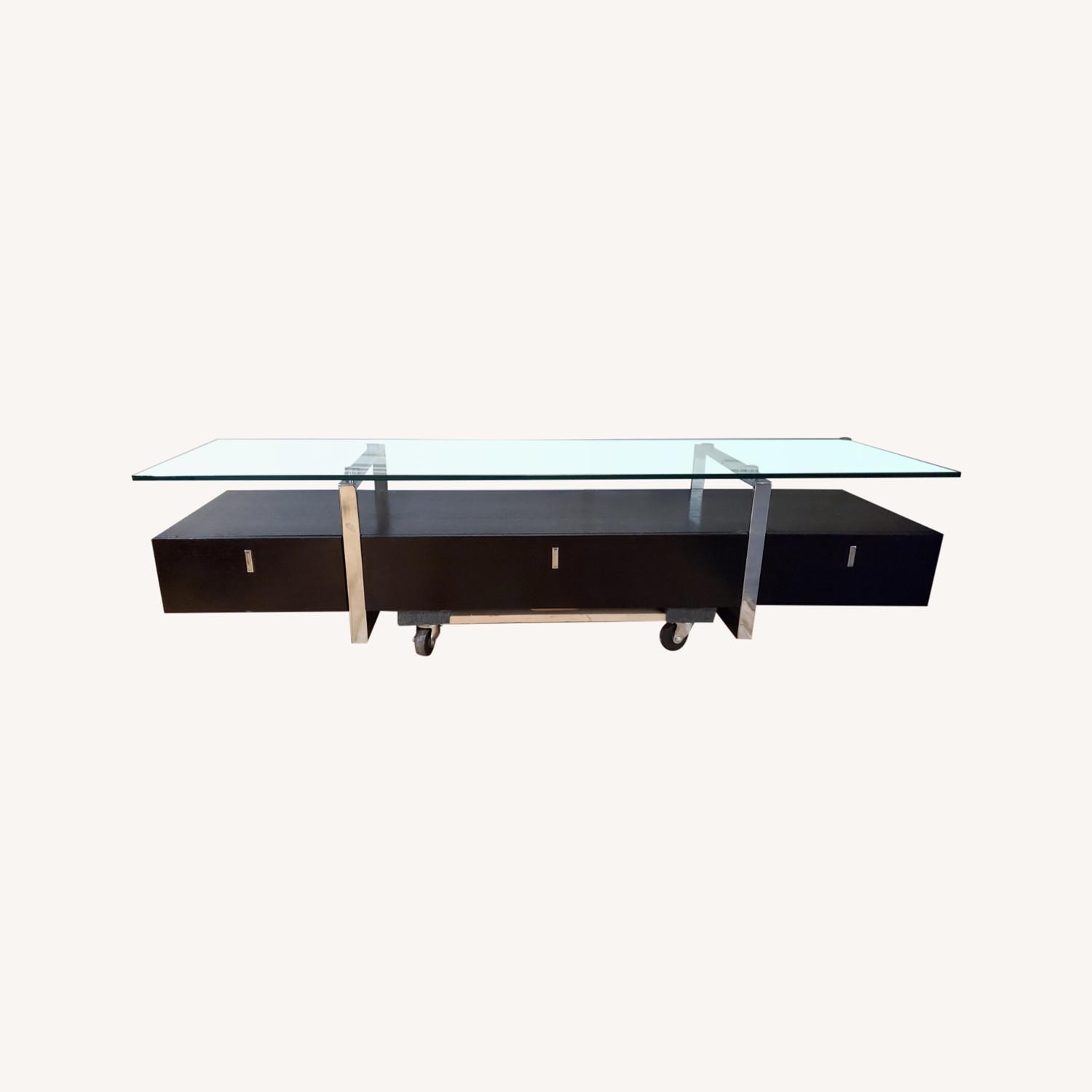 Glass Media Table with Dark Brown Base - AptDeco