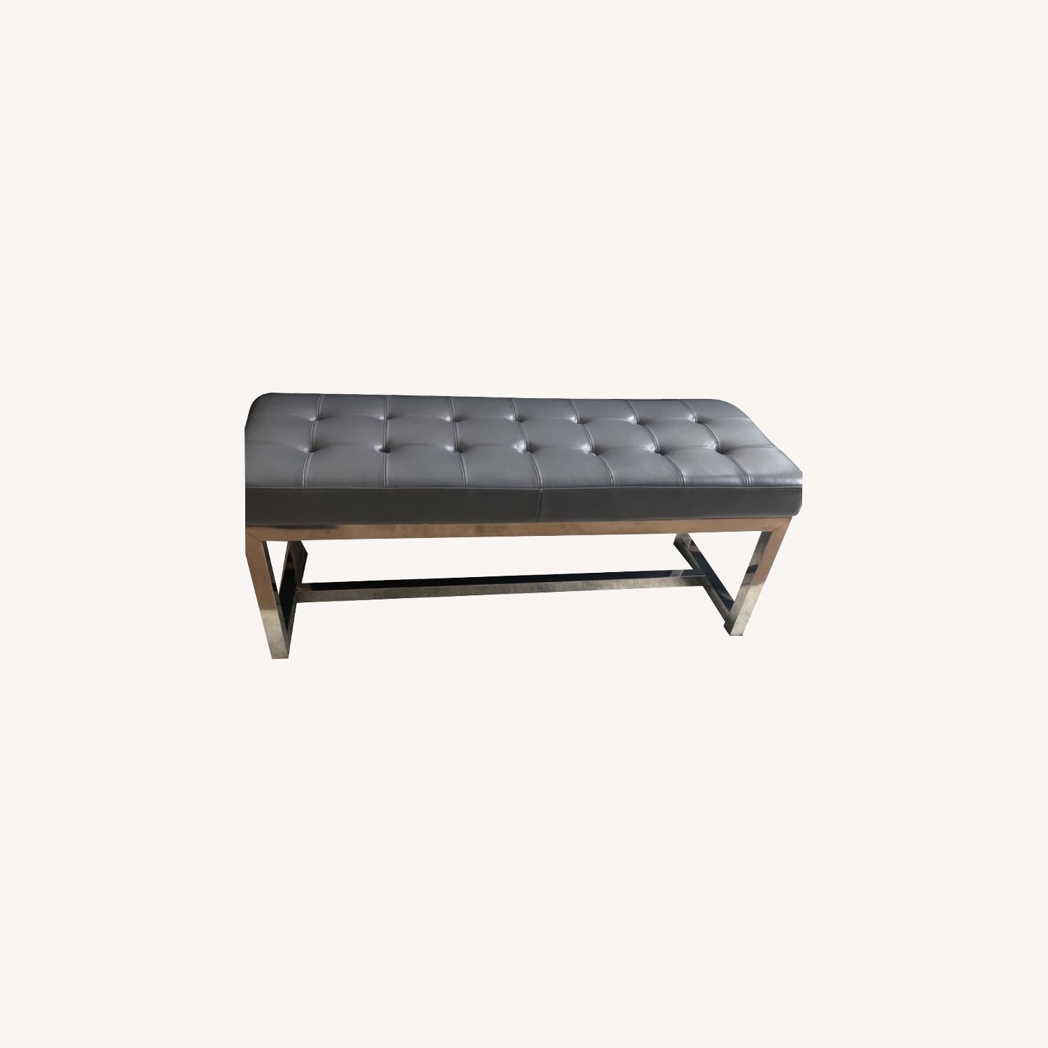 Grey Tufted Leather Bench - AptDeco