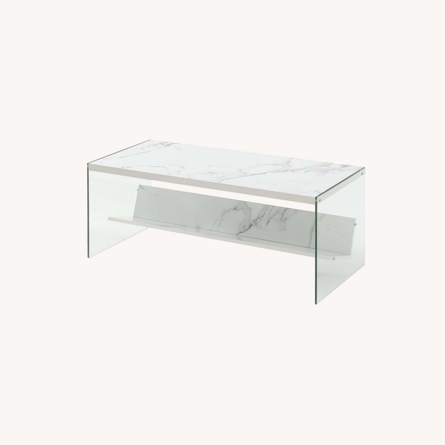Modern Glass Coffee Table w Faux Marble Storage - AptDeco