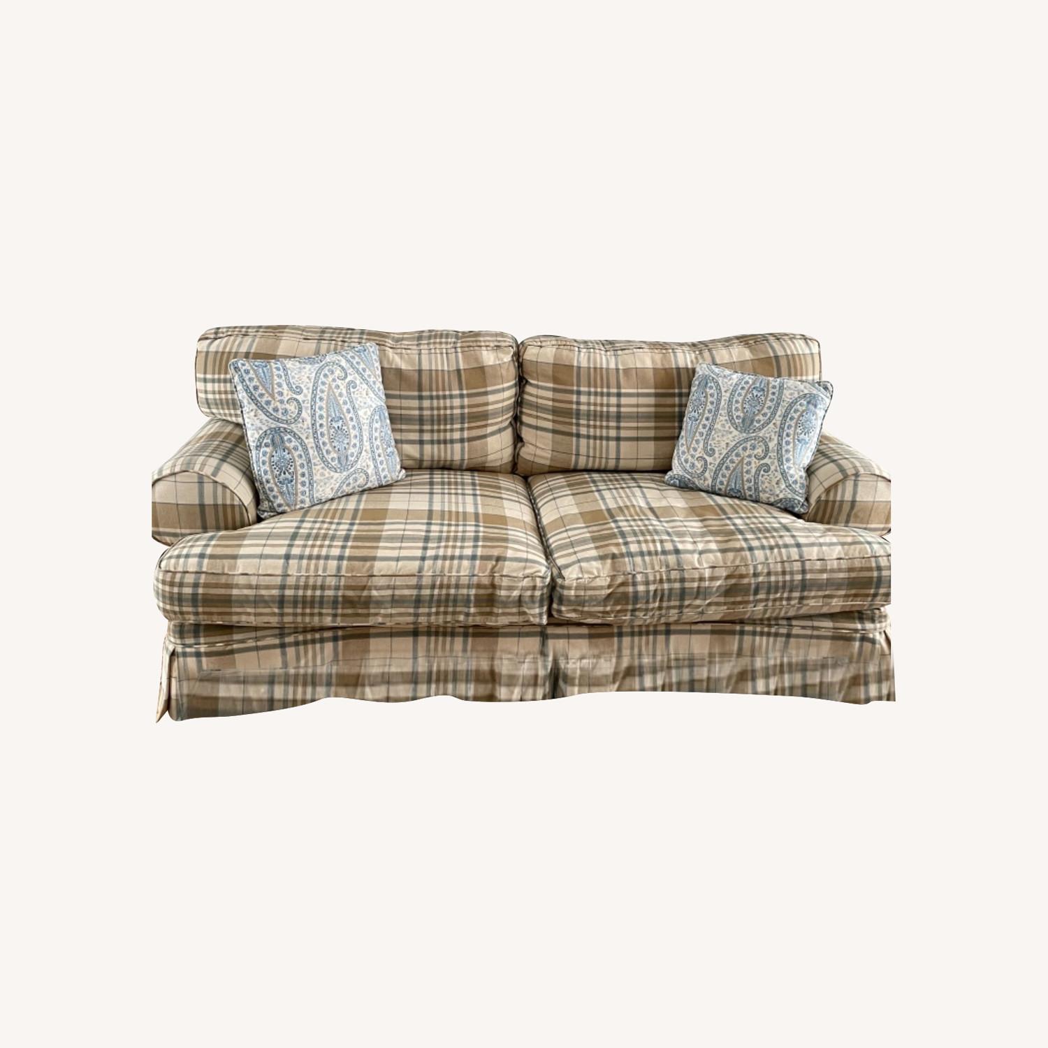 Beige and Light Blue Plaid Sofa - AptDeco