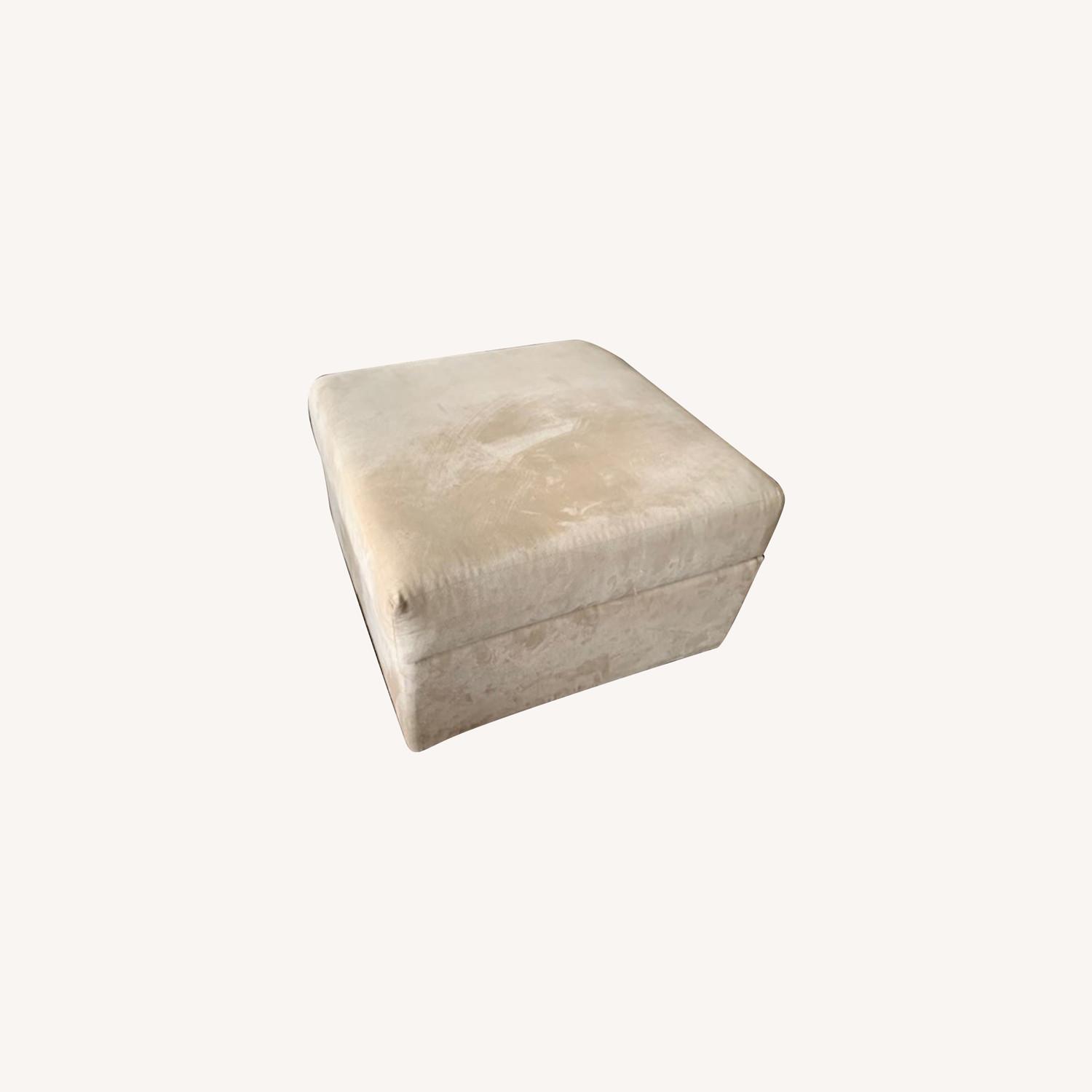 Taupe Microsuede Sofa / Matching Storage Ottoman - AptDeco