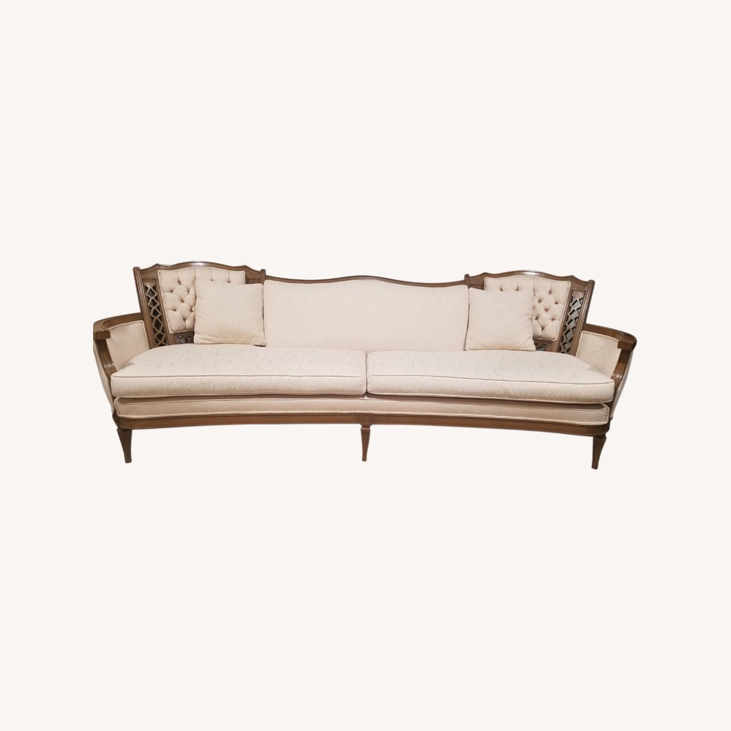 Antique Wooden Frame Beige Fabric Sofa - AptDeco