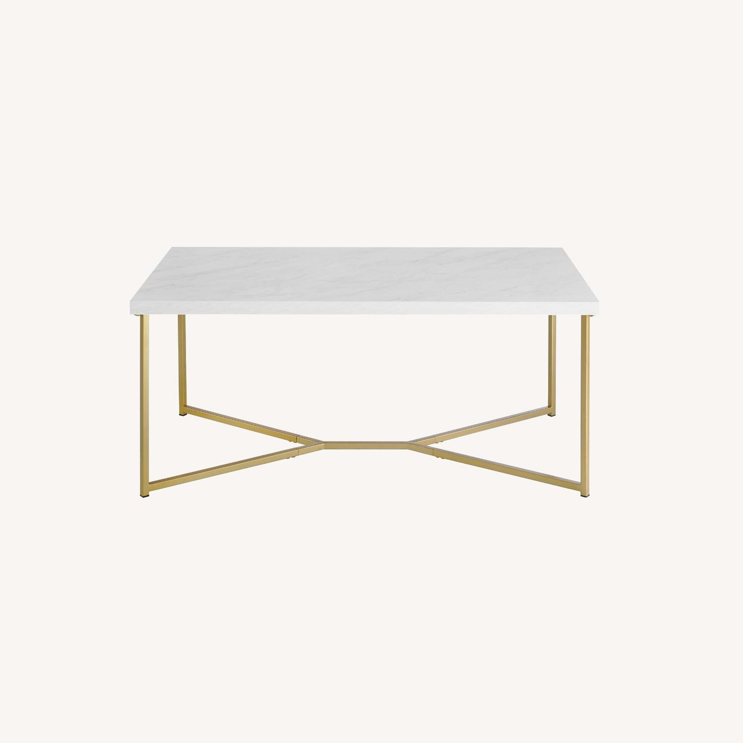 White Faux Marble and Gold Metal Coffee Table - AptDeco