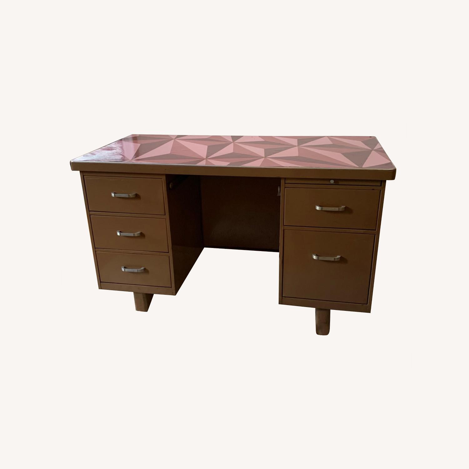 Vintage Tanker Desk with Custom Geometric Design - AptDeco
