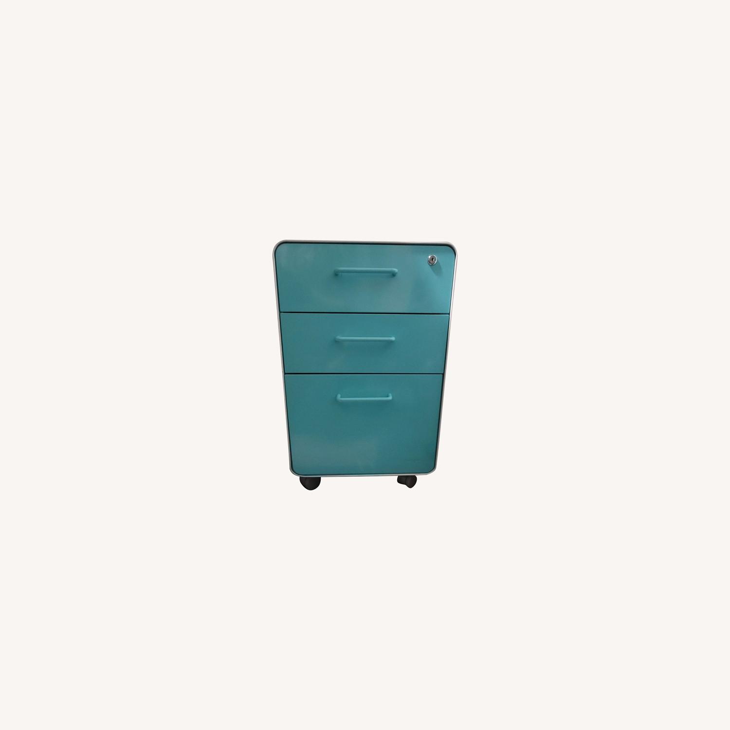 Poppins White+Aqua 3-Drawer Rolling File Cabinet - AptDeco
