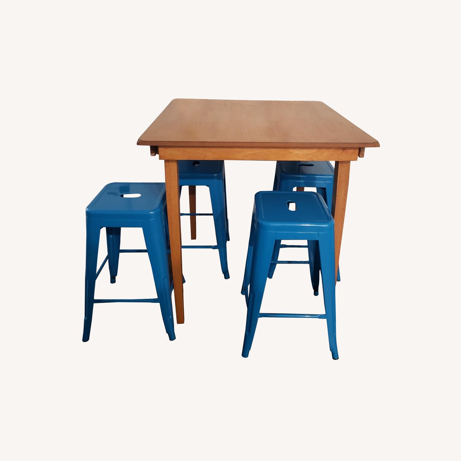 Tall Table with Blue Stools - AptDeco