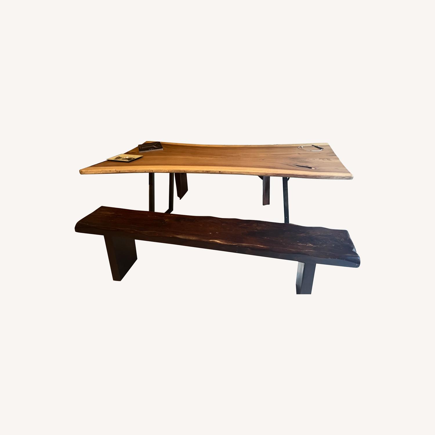 Split Open Birtch Tree Table with Walnut Benches - AptDeco