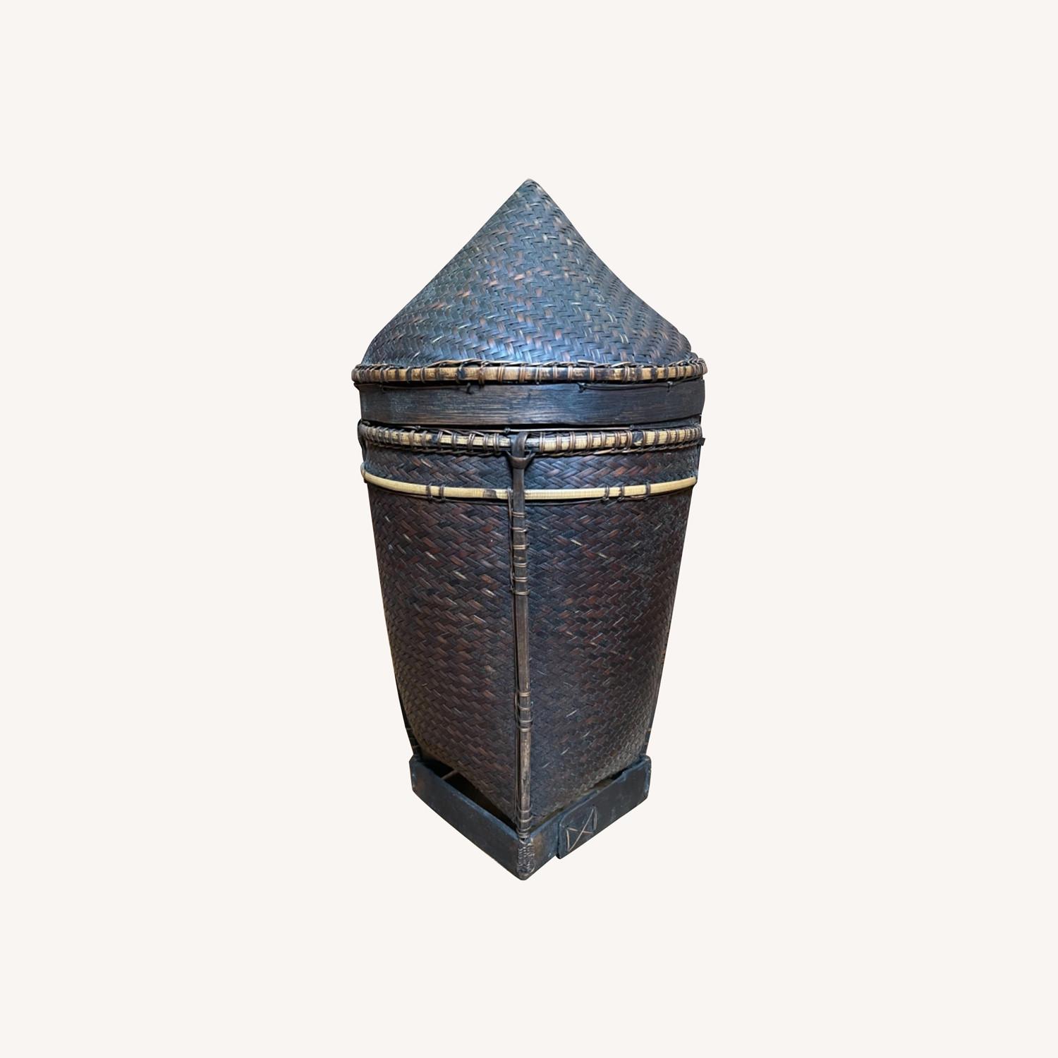 Antique Asian Bamboo Rice Basket Large with Lid - AptDeco