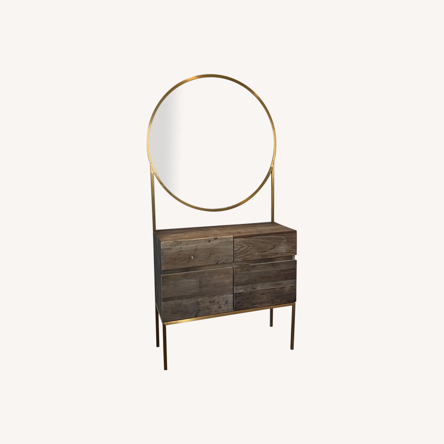 Walnut Wood and Gold Mirror Storage Cabinet - AptDeco
