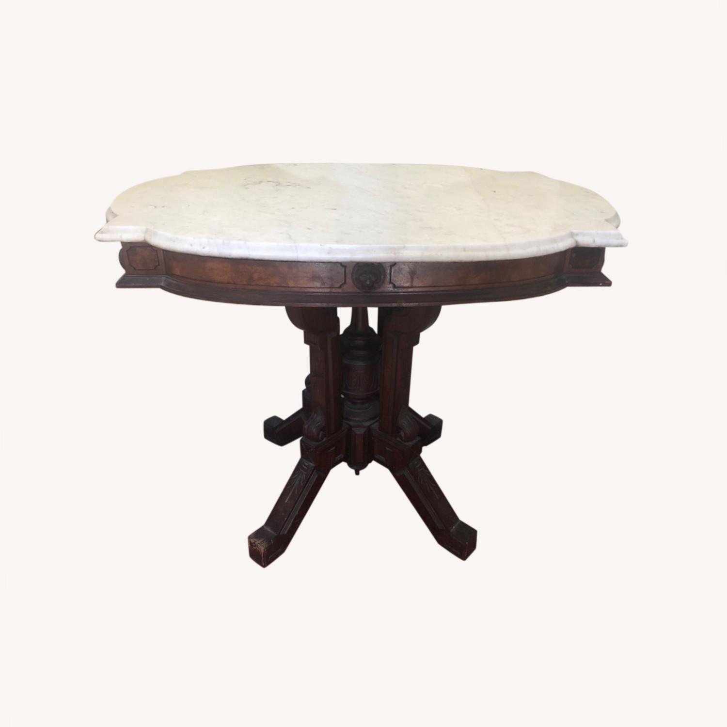 Gray Marble Top and Wood Table with Ornate Design - AptDeco