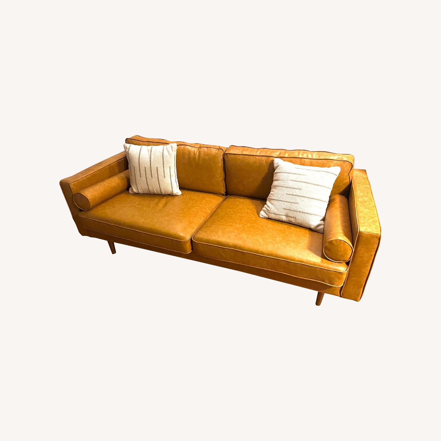 80 Inch Square Arm Faux Leather Tan Sofa - AptDeco